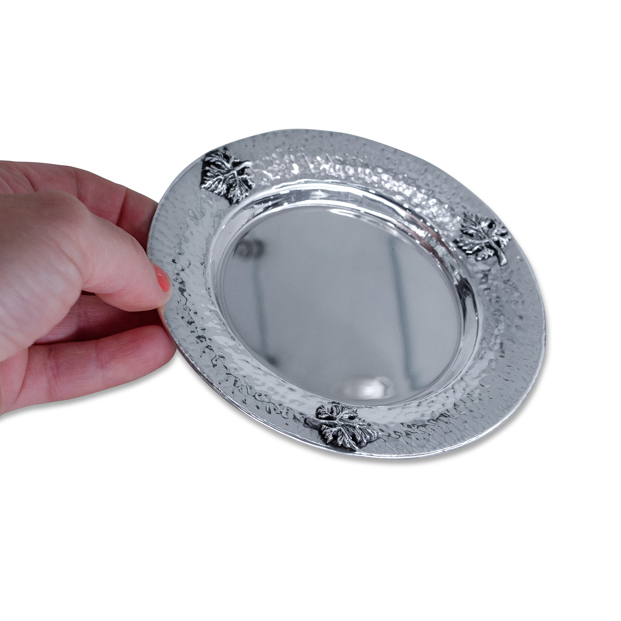 Hammered Kiddush Plate with Leaf Patterns - Nadav Art By Avi Nadav