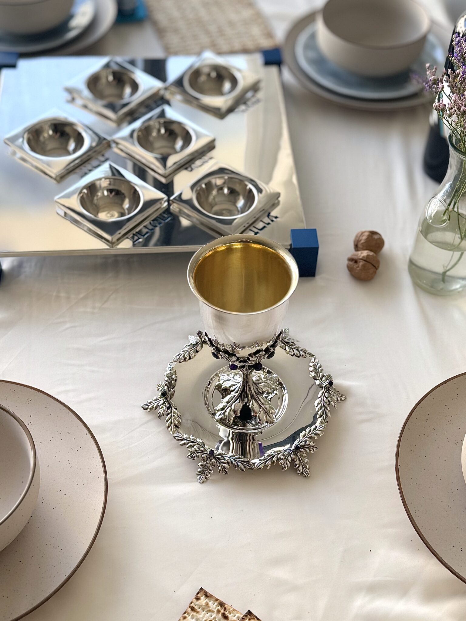 Huge Sterling Silver Gemstone Elijah Cup with Leaf Design - Nadav Art ...
